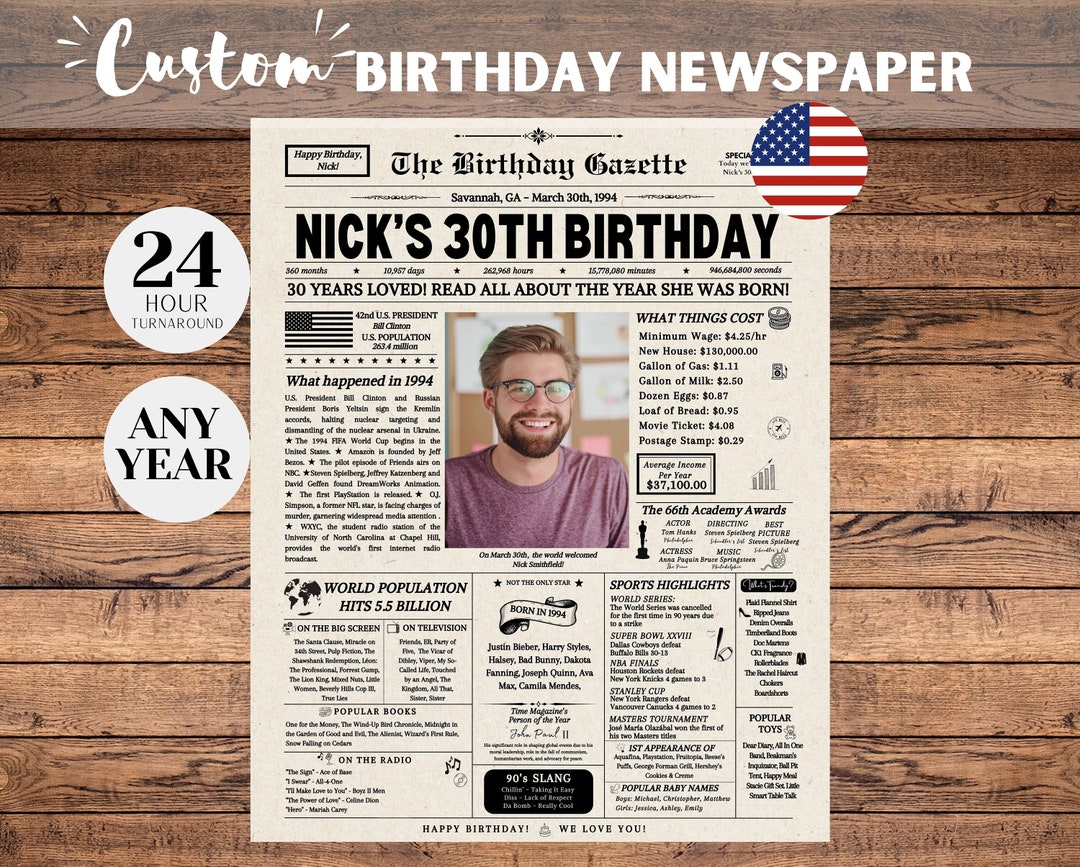 30th Birthday Newspaper, 30th Birthday Decorations, 30th Birthday Gift ...