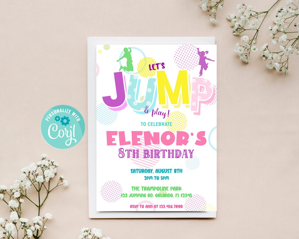 Trampoline Park Birthday Invitation, Girls Birthday Party Invitations ...