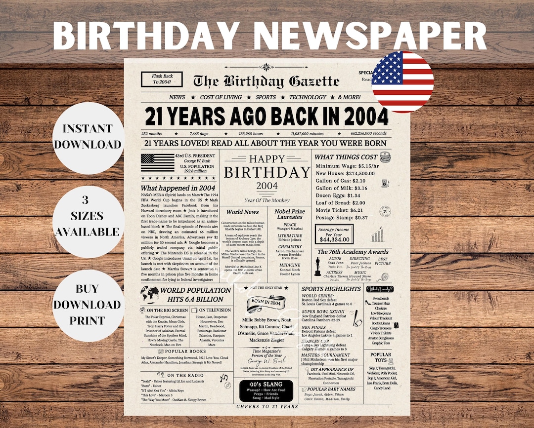 21st Birthday Newspaper Sign, 21 Birthday Gift, What Happened in 2004 ...