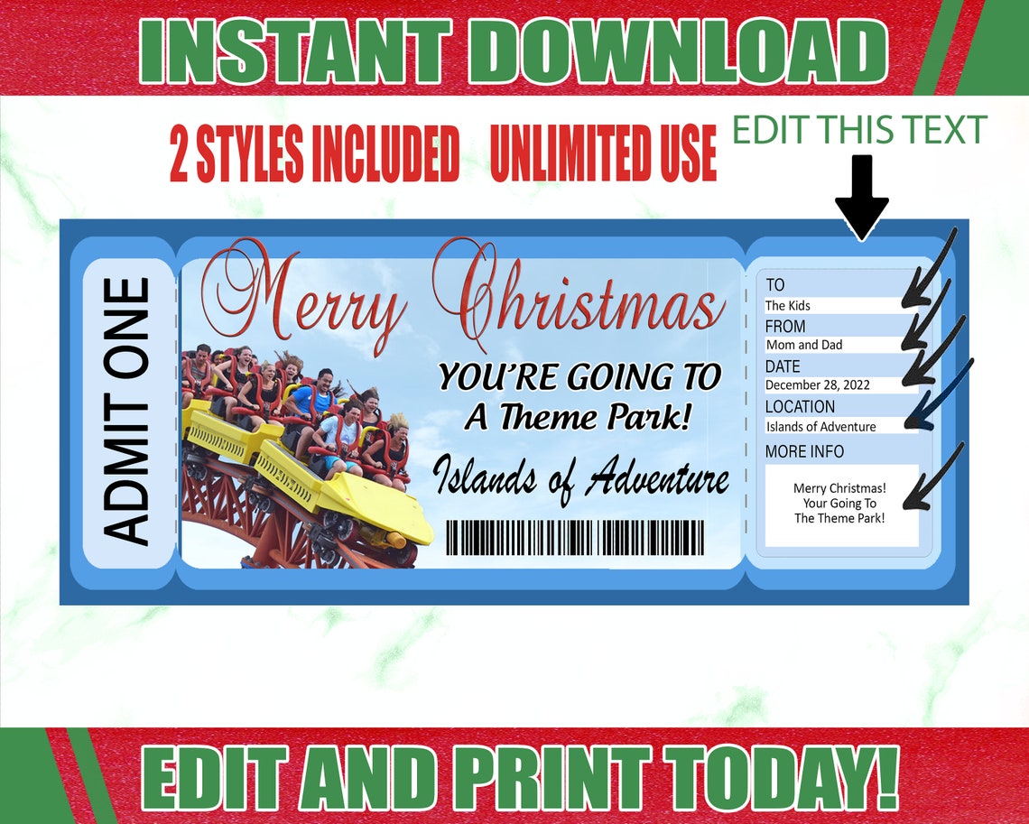 Christmas Theme Park Ticket, Printable Theme Park Ticket Trip Reveal ...