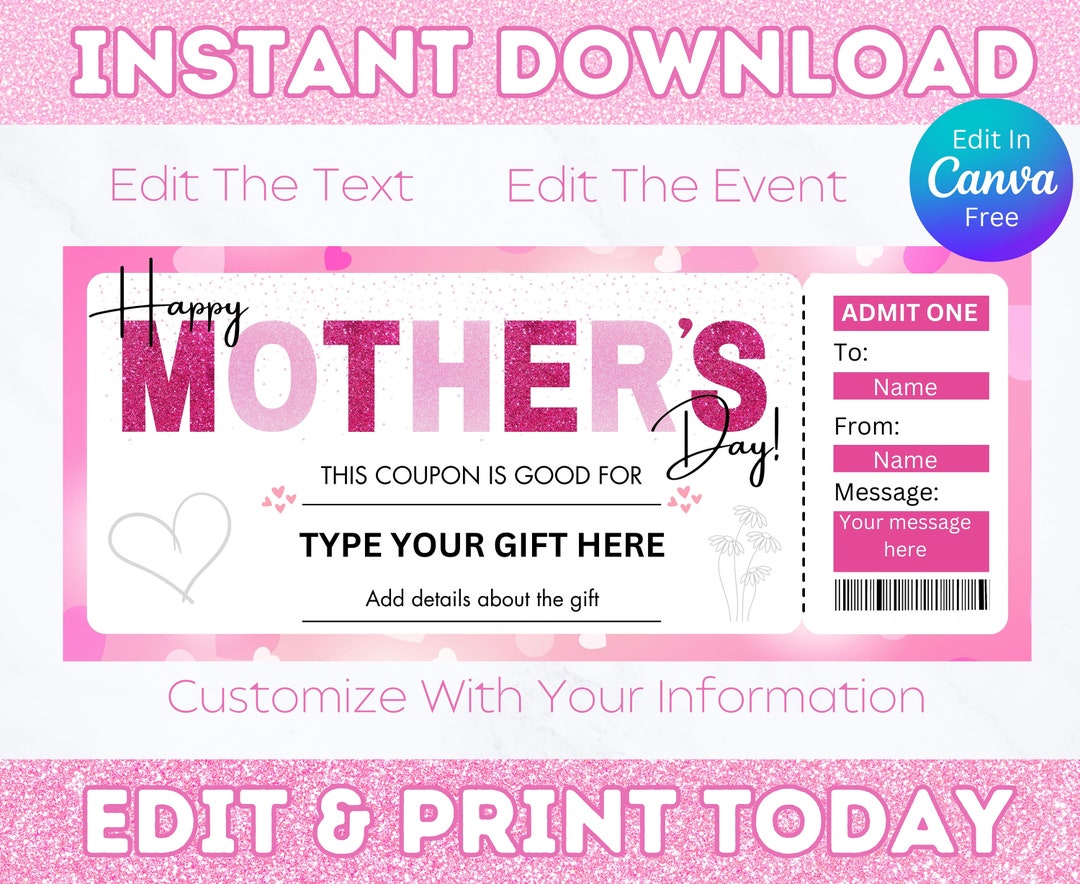 Mother's Day Ticket Download, Gift Reveal Ticket, Mother's Day Voucher ...