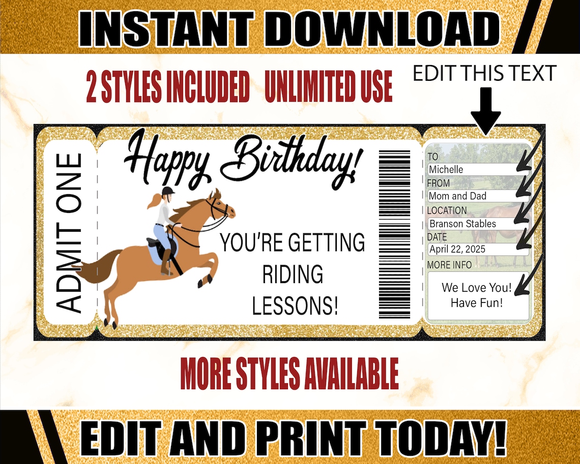Horseback Riding Gift Certificate Ticket Printable Birthday | Etsy