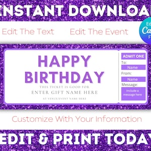 Purple Glitter Birthday Ticket, Printable Concert Ticket, Editable ...