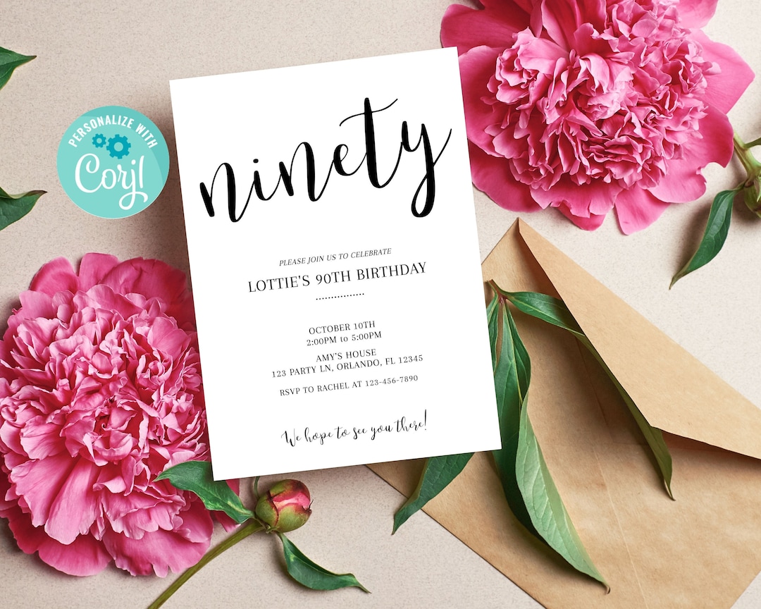 90th Birthday Invitation, Editable Invitation, Minimalist Invitation ...