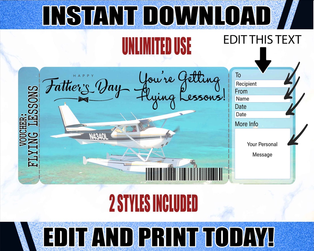 Flying Lessons Gift Certificate: Father's Day Voucher (PDF) - Etsy