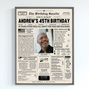 45th Birthday Newspaper Poster Sign, 45th Birthday Gift for Men or ...