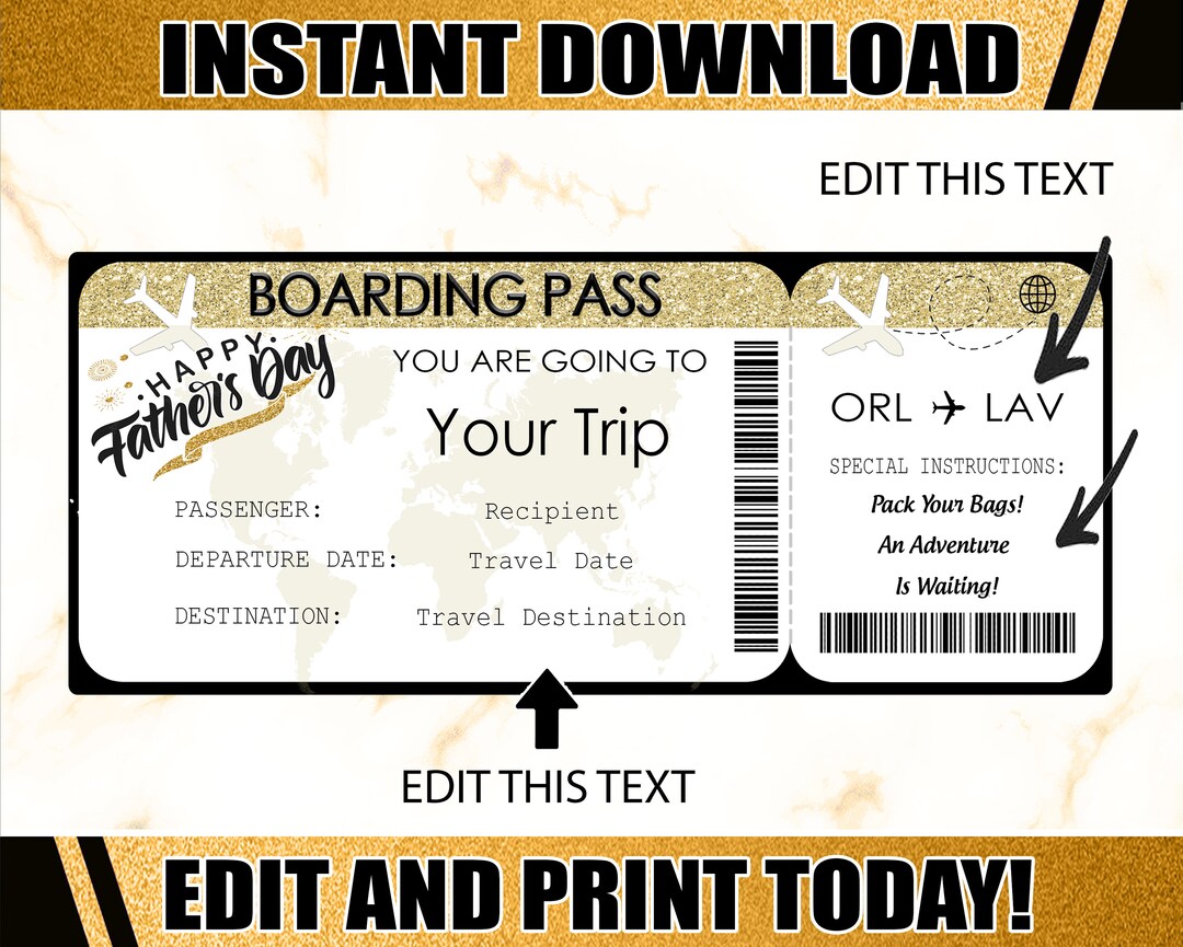 Boarding Pass Ticket Father's Day, Airplane Ticket Printable Boarding ...