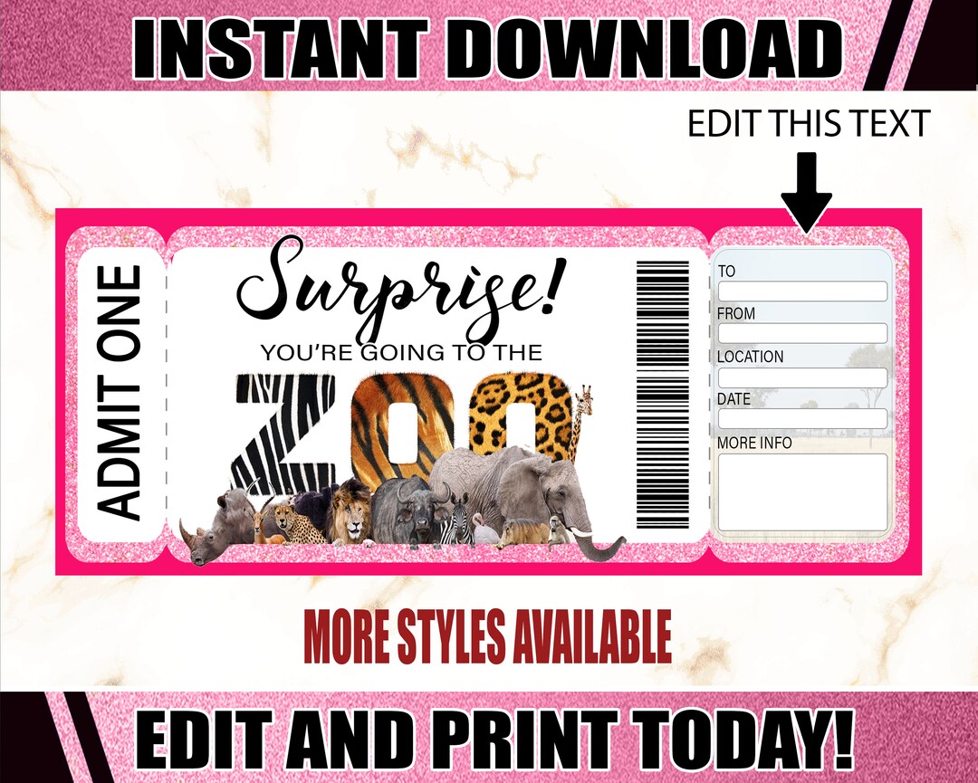 Zoo Printable Ticket. Surprise Zoo Ticket. Printable Zoo Gift Ticket ...