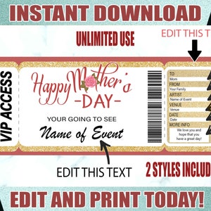 Mother's Day Ticket Template, Concert Ticket, Concert Gift Ticket, Last ...