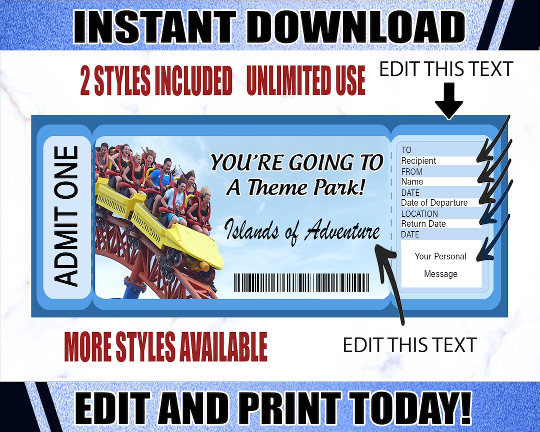 Theme Park Ticket, Printable Theme Park Ticket Trip Reveal, Printable ...