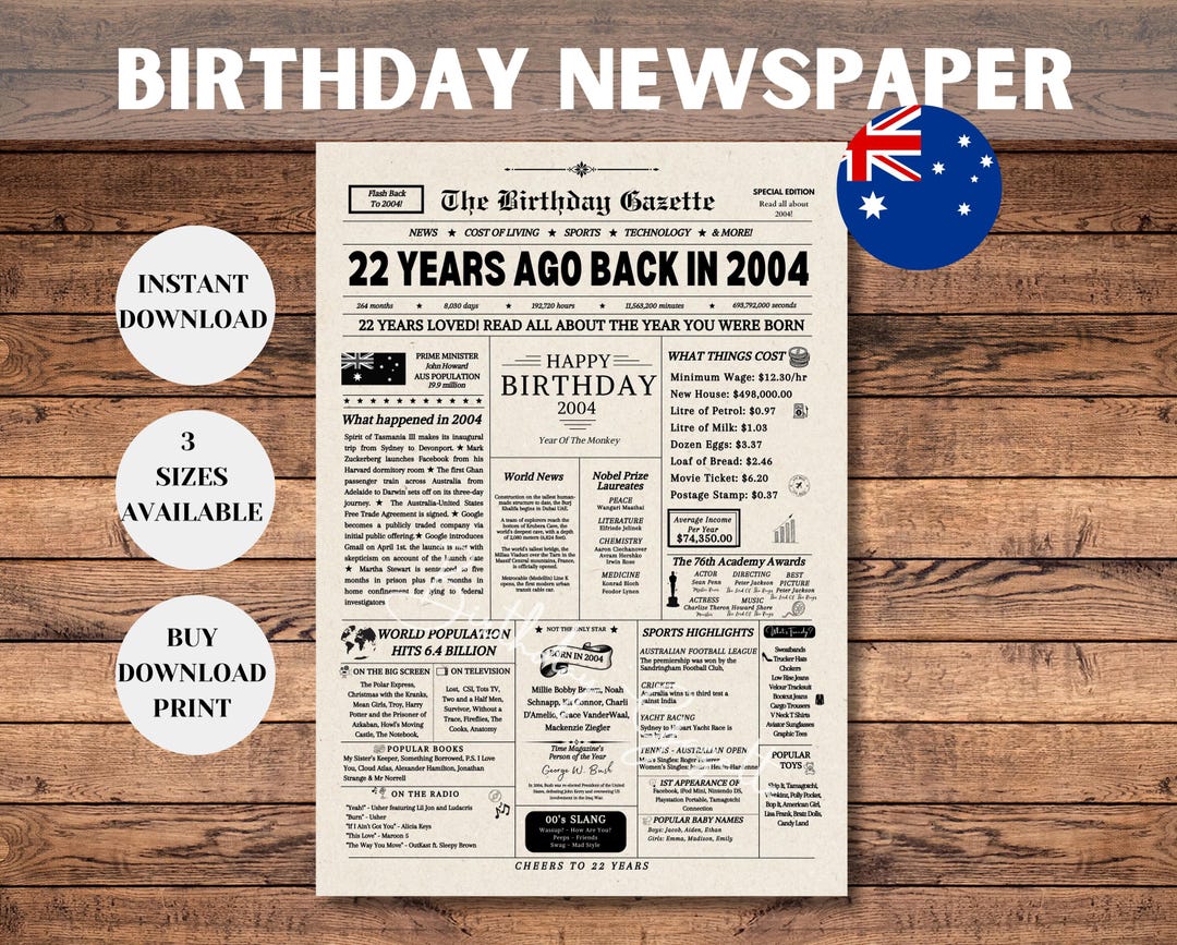22nd Birthday Sign, 22nd Birthday Newspaper AUSTRALIA, 2004 Birth Year ...