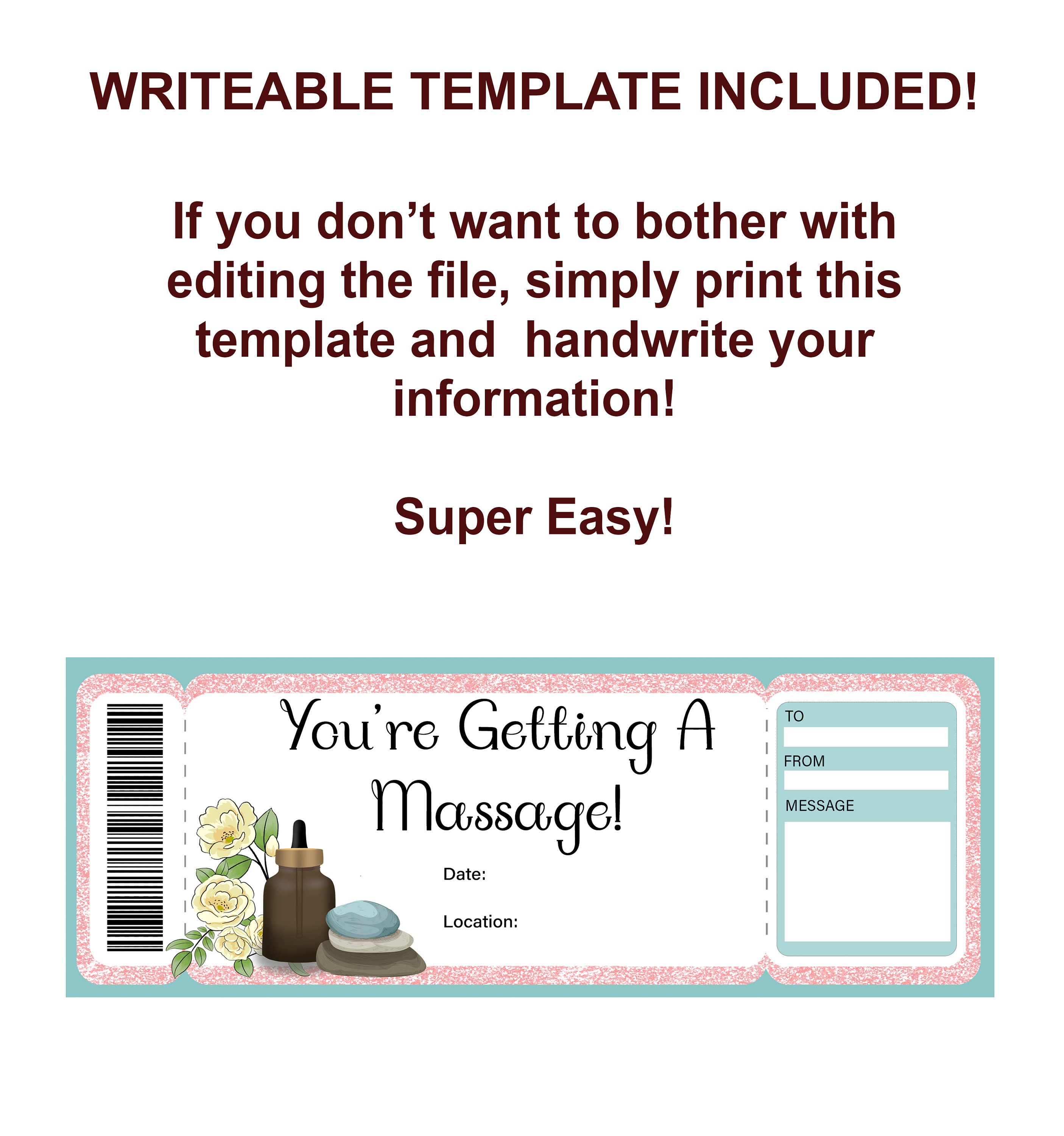 Massage Gift Ticket Massage Printable Certificate Editable Massage Gift ...