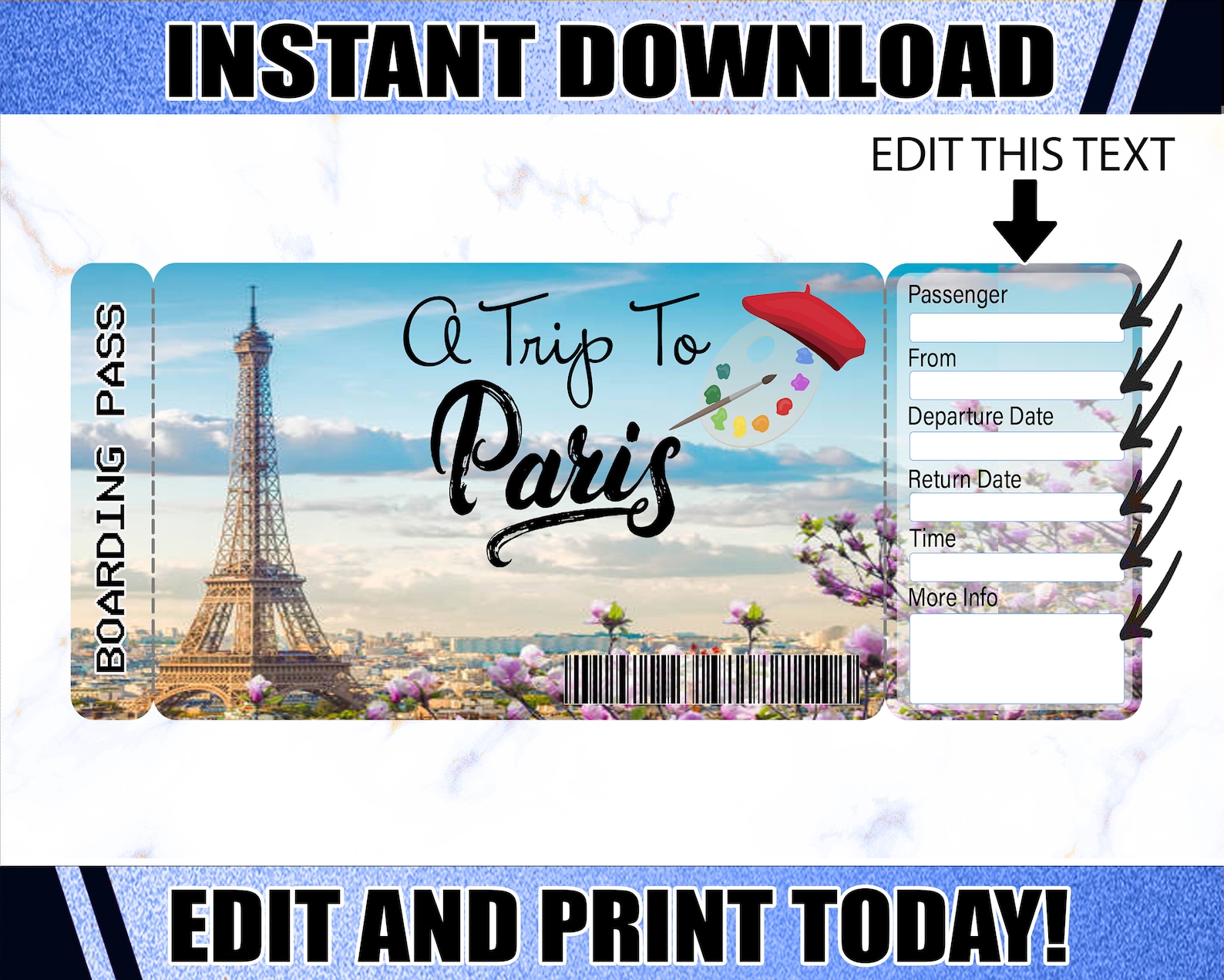 Paris Boarding Pass Ticket Printable Airline Ticket Trip - Etsy