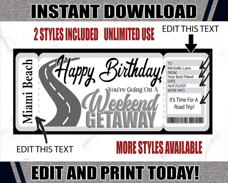 Printable Editable Downloadable Vacation Ticket Weekend - Etsy