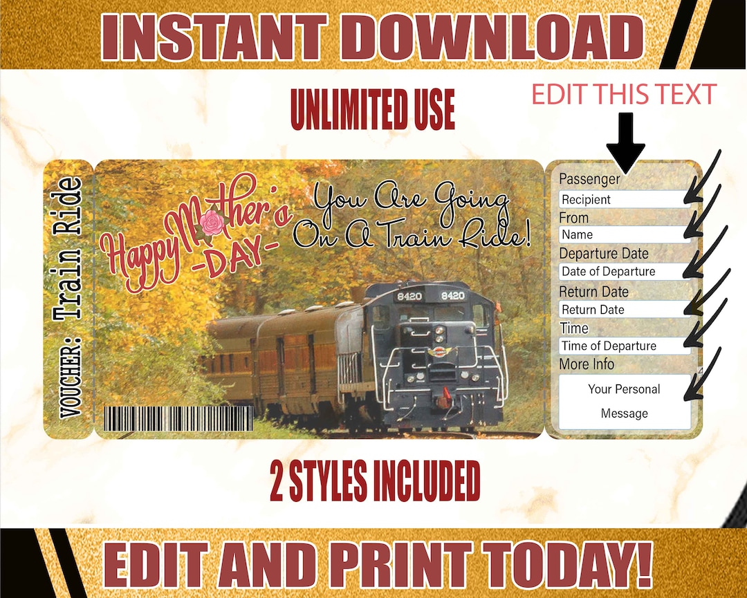 Train Ride Mother's Day Gift Voucher Ticket Mothers Day Printable ...