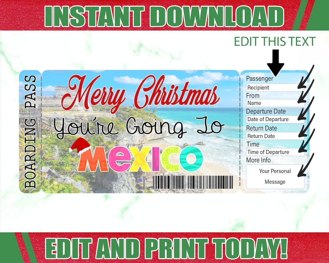 Mexico Christmas Boarding Pass Ticket, Printable Airline Ticket Trip ...