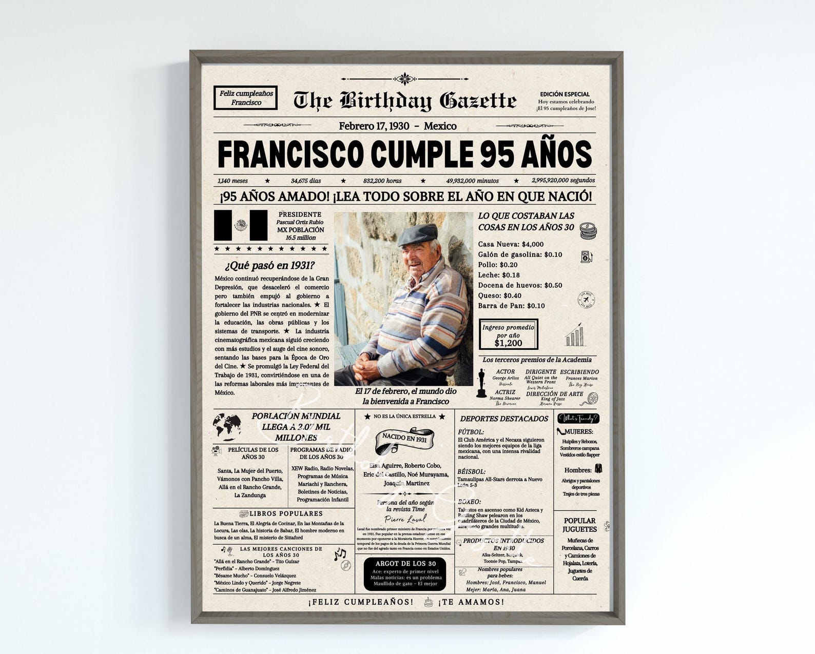 95th Birthday Newspaper Poster MEXICO, 95th Birthday Gift for Men or ...