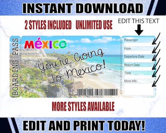 Mexico Boarding Pass Ticket Printable Airline Ticket Trip - Etsy UK