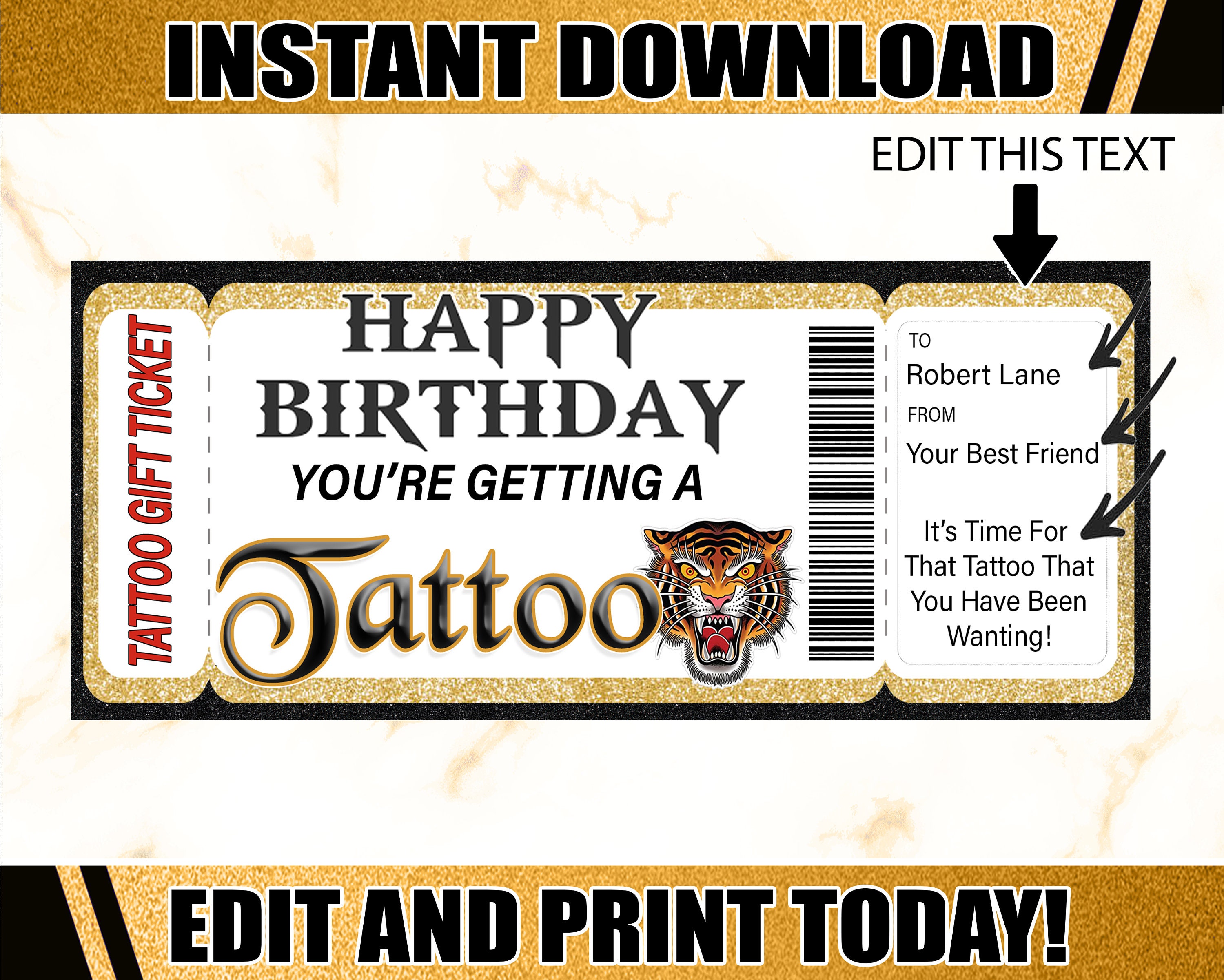 Tattoo Gift Ticket Birthday Tattoo Printable Certificate Editable ...