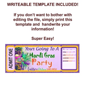 Mardi Gras Party Invite Ticket, Printable Ticket Party Reveal ...