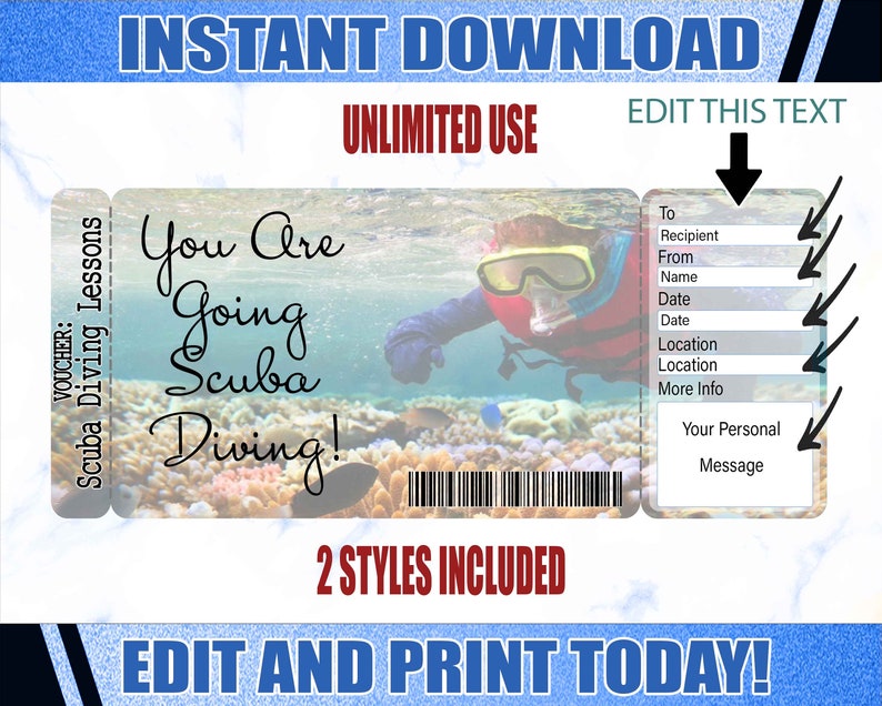 Scuba Diving Gift Ticket Template, Surprise Ticket, Scuba Diving ...