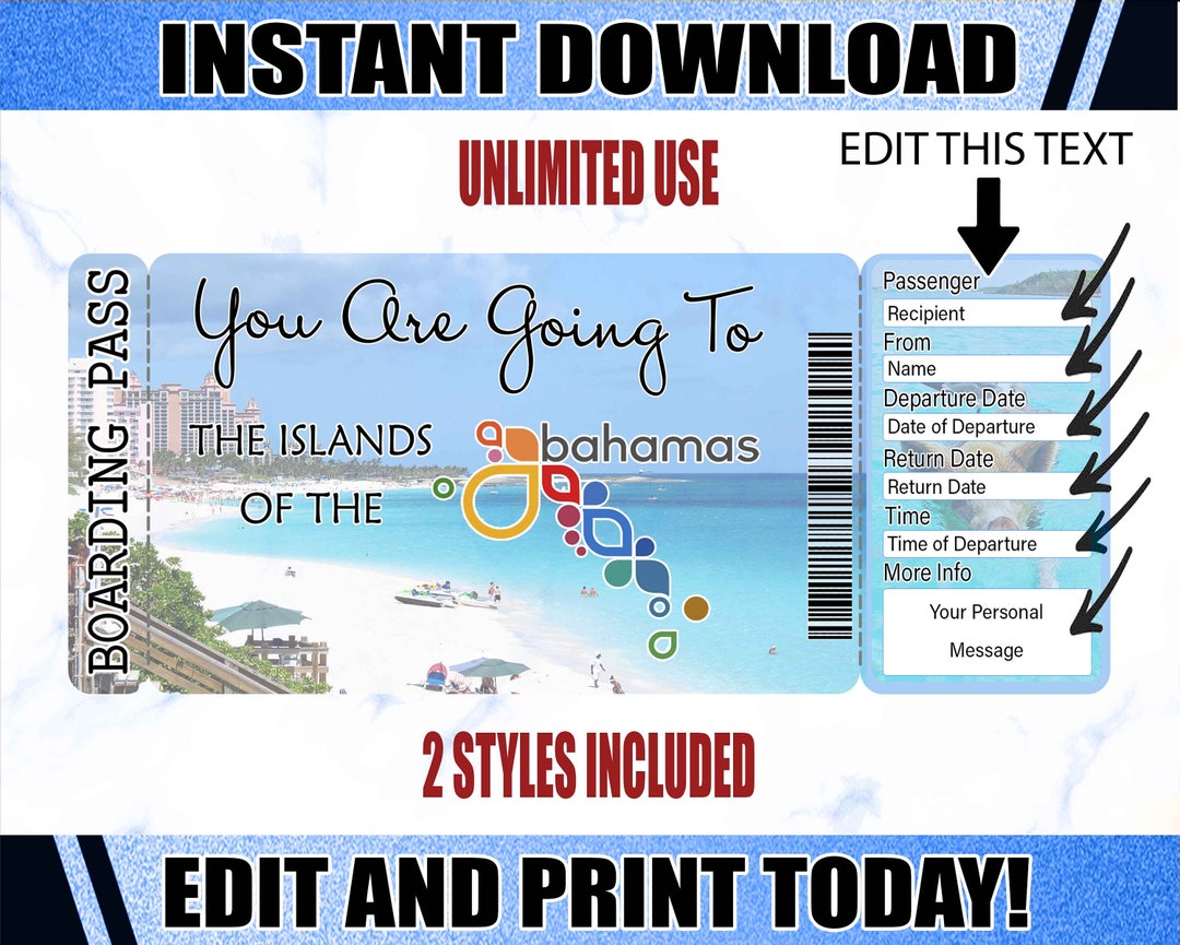 Bahamas Boarding Pass Ticket, Printable Airline Ticket Trip Reveal ...