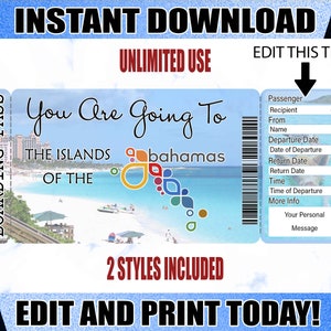 Bahamas Boarding Pass Ticket, Printable Airline Ticket Trip Reveal ...