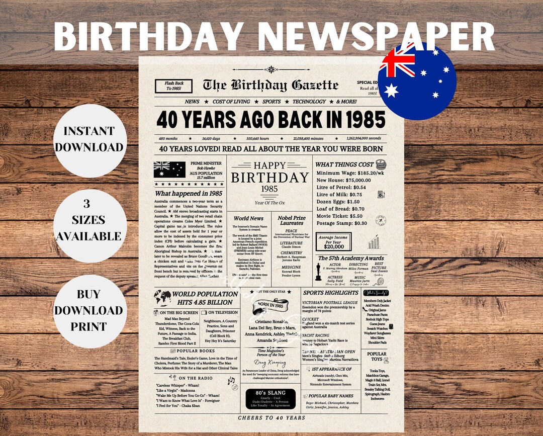 40th Birthday Newspaper Sign 1985 AUSTRALIA, 40th Birthday Gift for Men ...