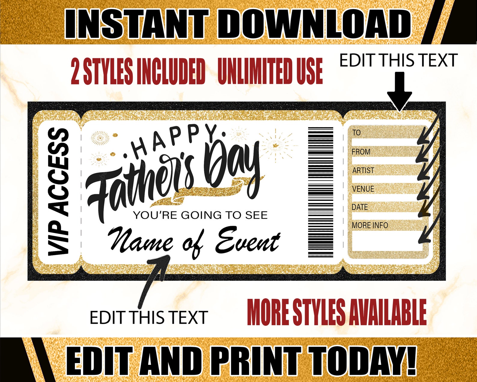 Concert Ticket. Father's Day Concert Ticket. Printable Concert Ticket ...