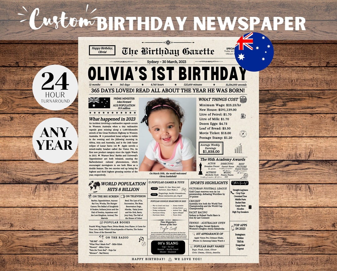 1st Birthday Newspaper Poster Sign AUSTRALIA, 1st Birthday Gift for Son ...