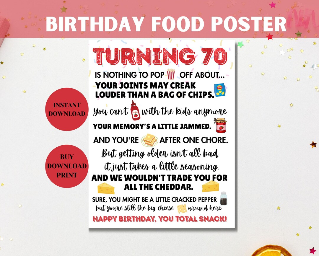 70th Birthday Food Poster, Birthday Food Pun Sign, 70th Birthday Gifts ...