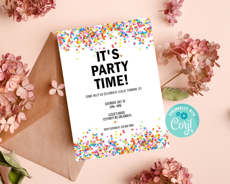 Confetti Party Invitation, It's Party Time, Colorful Invitation ...
