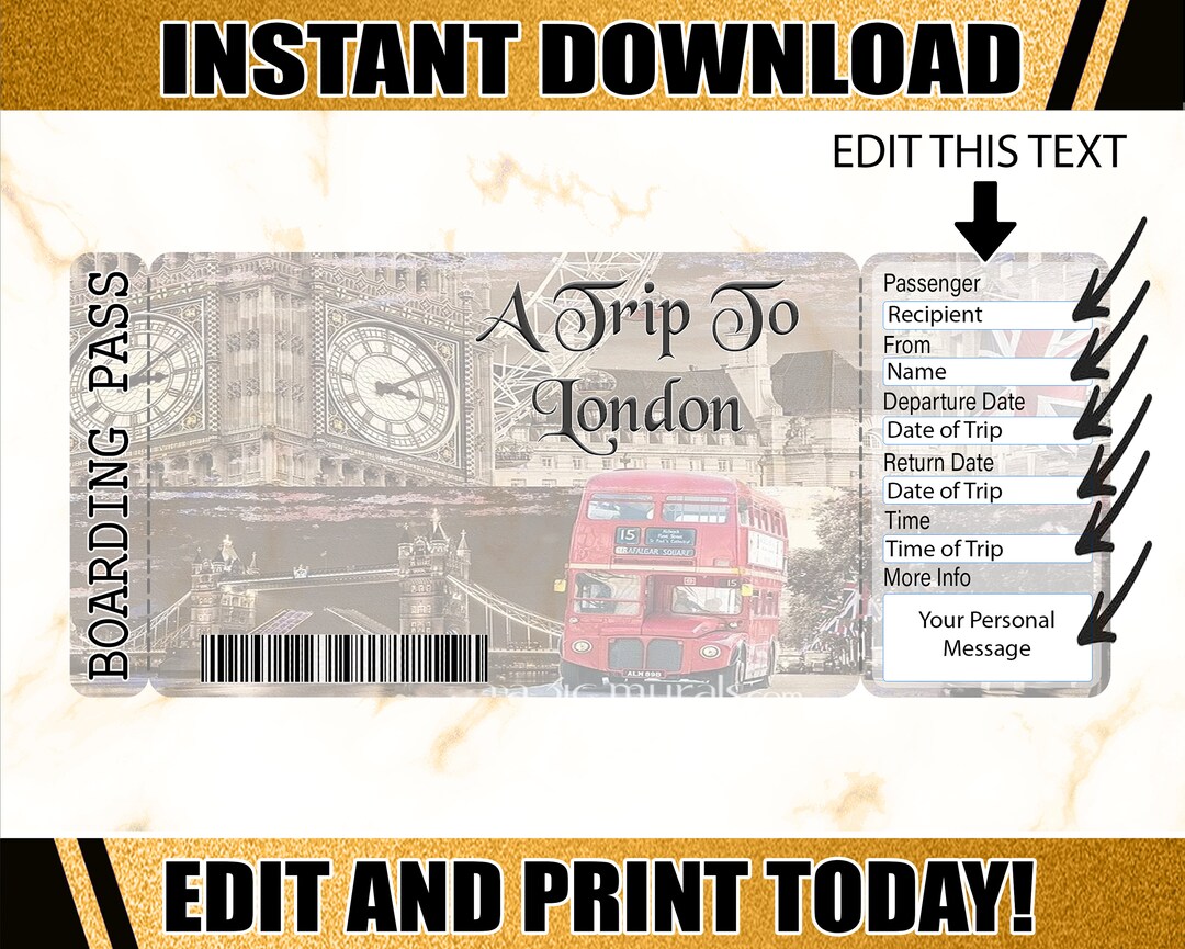 London Boarding Pass Ticket, Printable Airline Ticket Trip Reveal ...