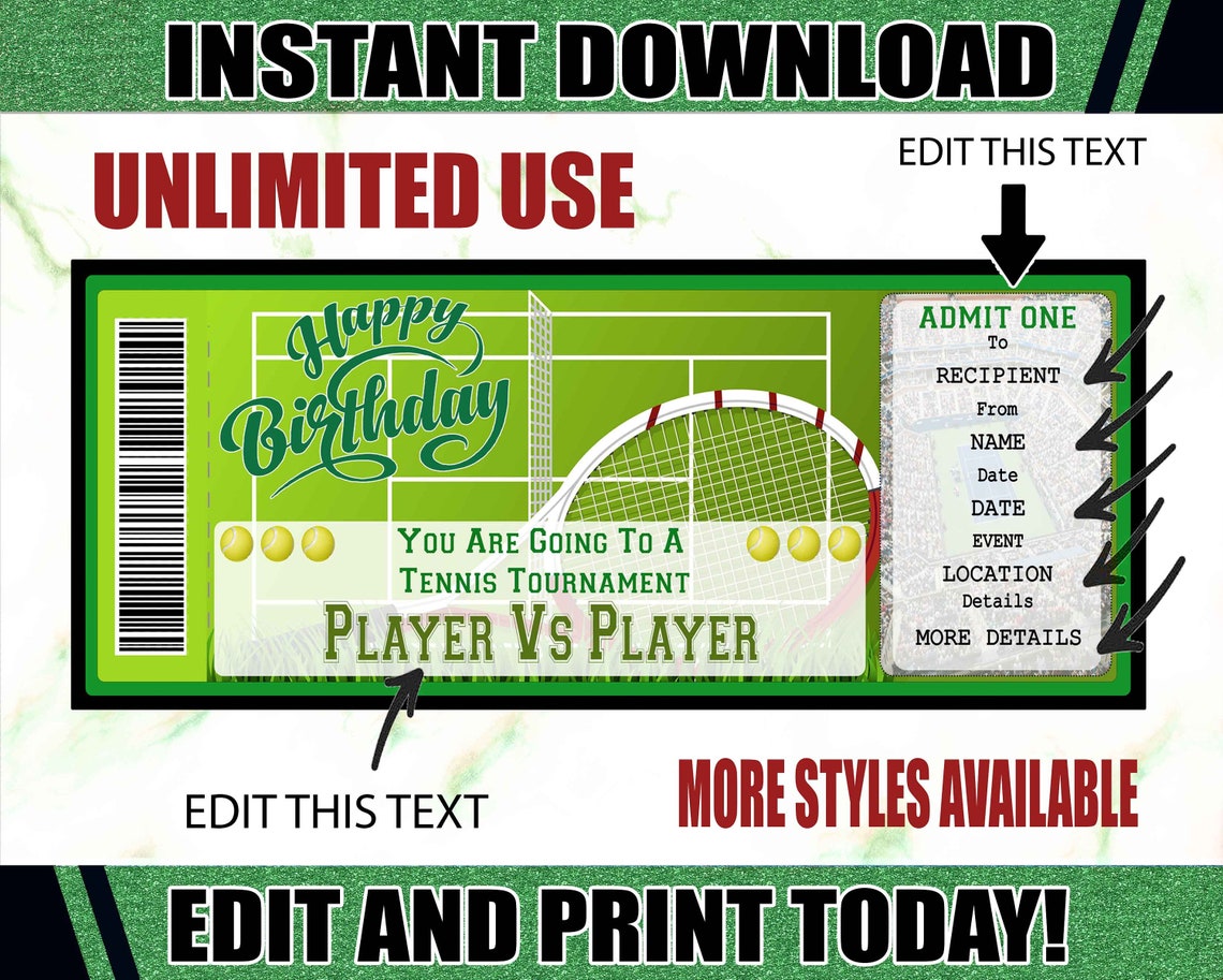 Tennis Tournament Ticket Birthday Tennis Ticket Printable - Etsy