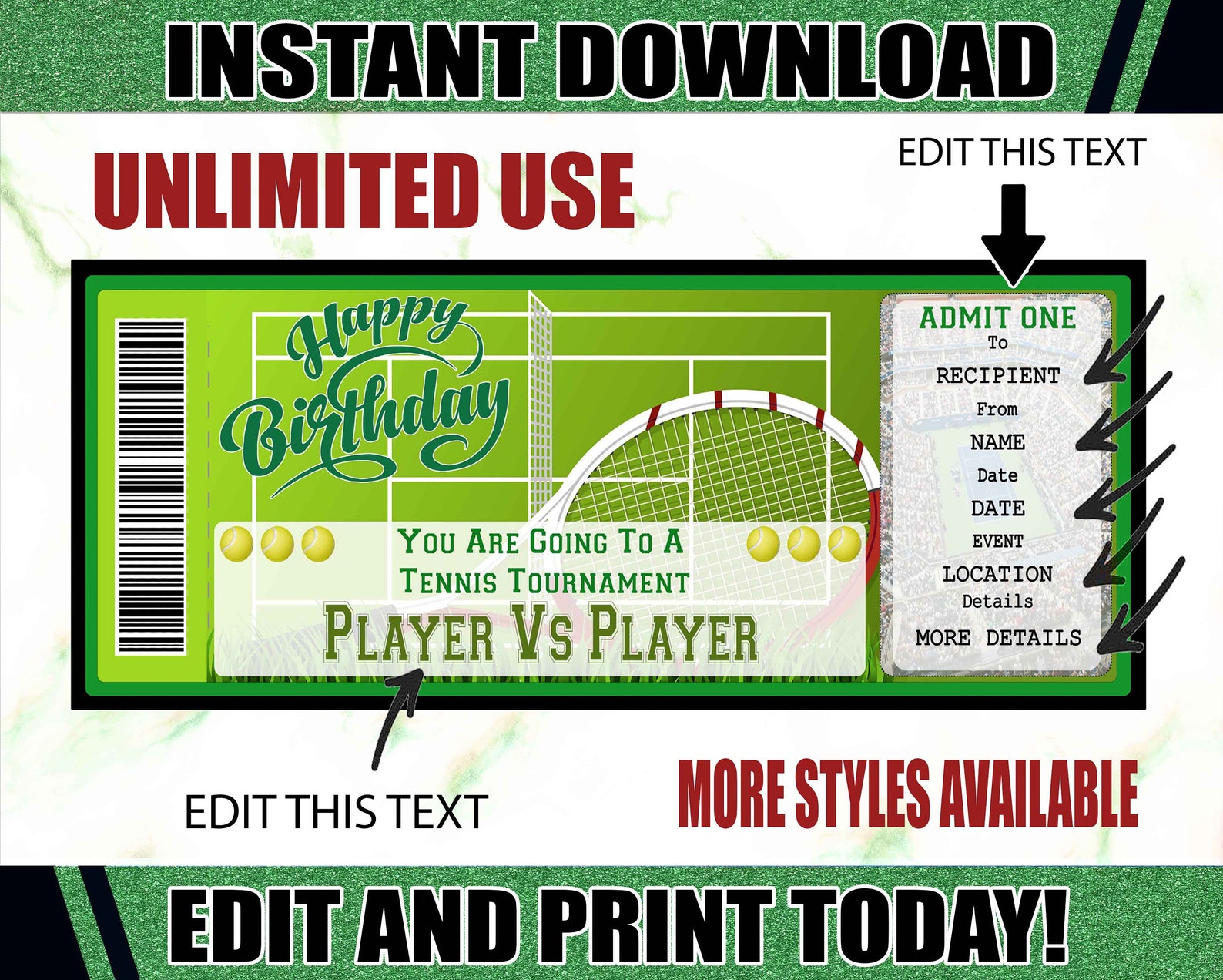 Tennis Tournament Ticket Birthday Tennis Ticket Printable - Etsy