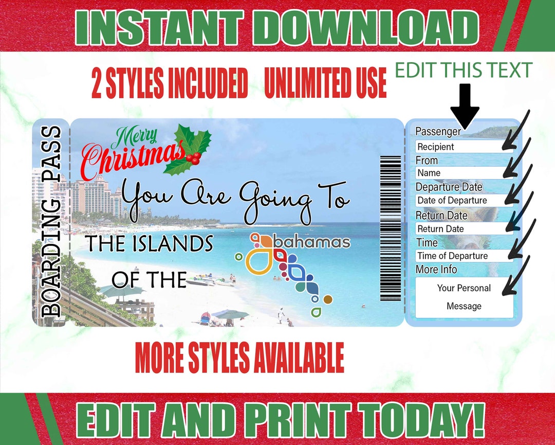 Bahamas Christmas Boarding Pass Ticket, Printable Airline Ticket Trip ...