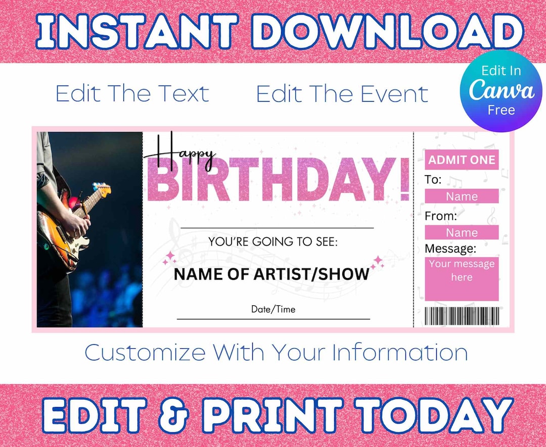 Birthday Concert Ticket, Printable Concert Ticket, Editable Concert ...