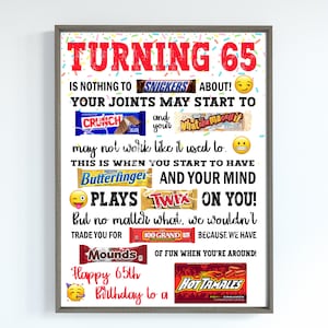 65th Birthday Candy Poster, Birthday Candy Sign, 65th Birthday Gifts ...
