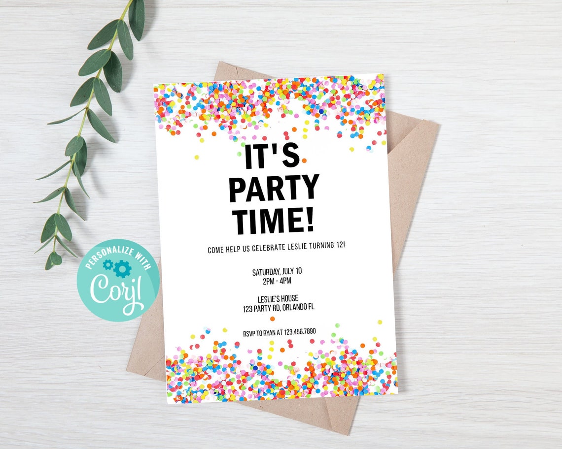 Confetti Party Invitation It's Party Time Colorful - Etsy