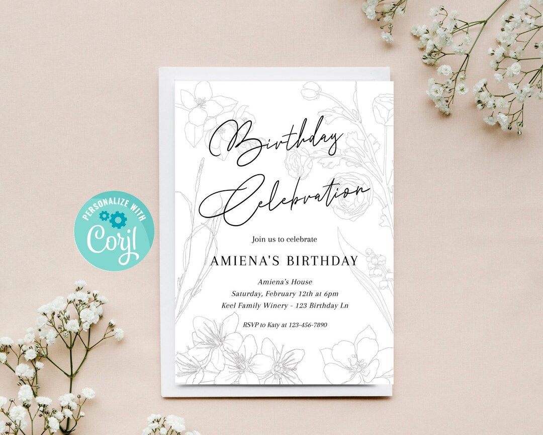 Editable Invitation, Minimalist Invitation, Line Art Floral Invite ...