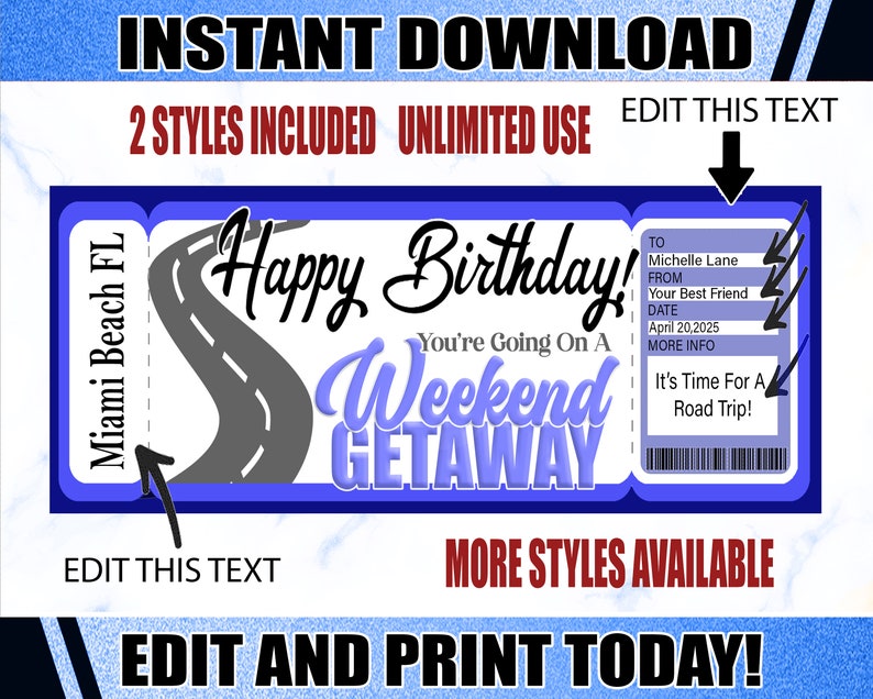 Printable Editable Downloadable Vacation Ticket Weekend - Etsy