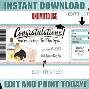 Congratulations Graduate Spa Day Gift Ticket Surprise Spa Day Printable ...