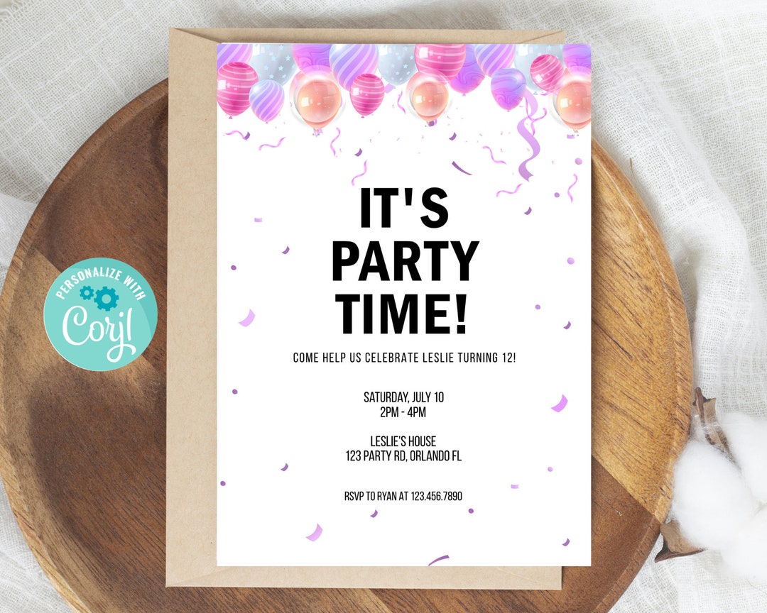 Birthday Balloons Party Invitation, It's Party Time, Colorful ...