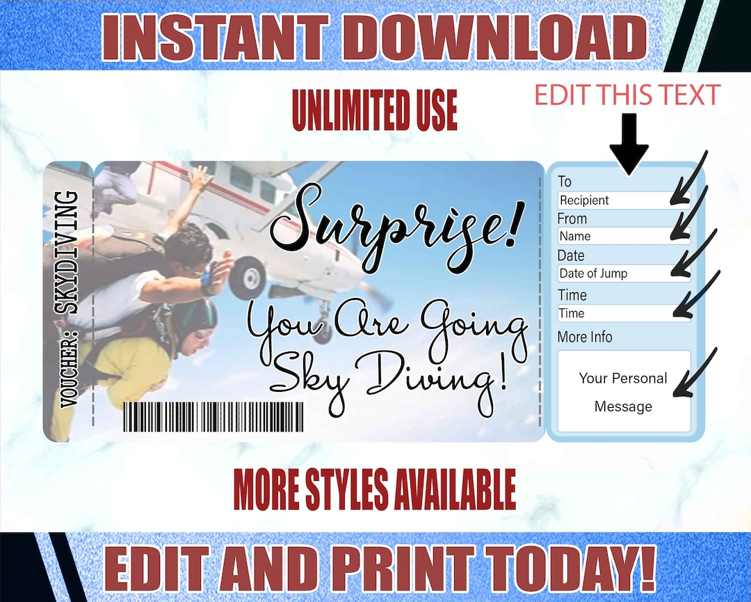 Skydiving Gift Ticket: Surprise Reveal, Editable Certificate (PDF) - Etsy