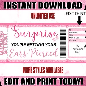 Ears Pierced Gift Certificate , Printable Gift Certificate for Ear ...