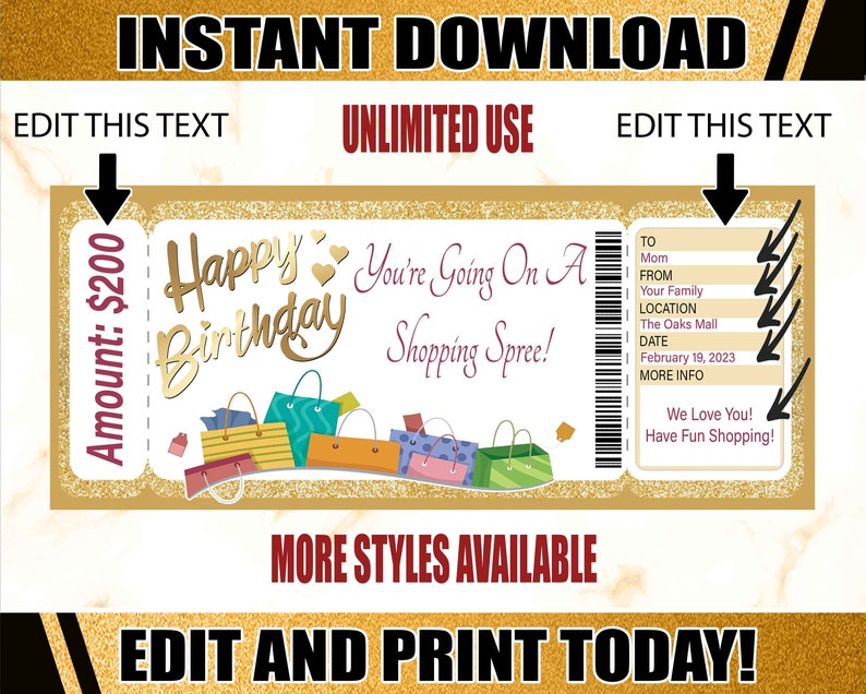 Shopping Spree Gift Voucher Ticket Birthday Printable - Etsy