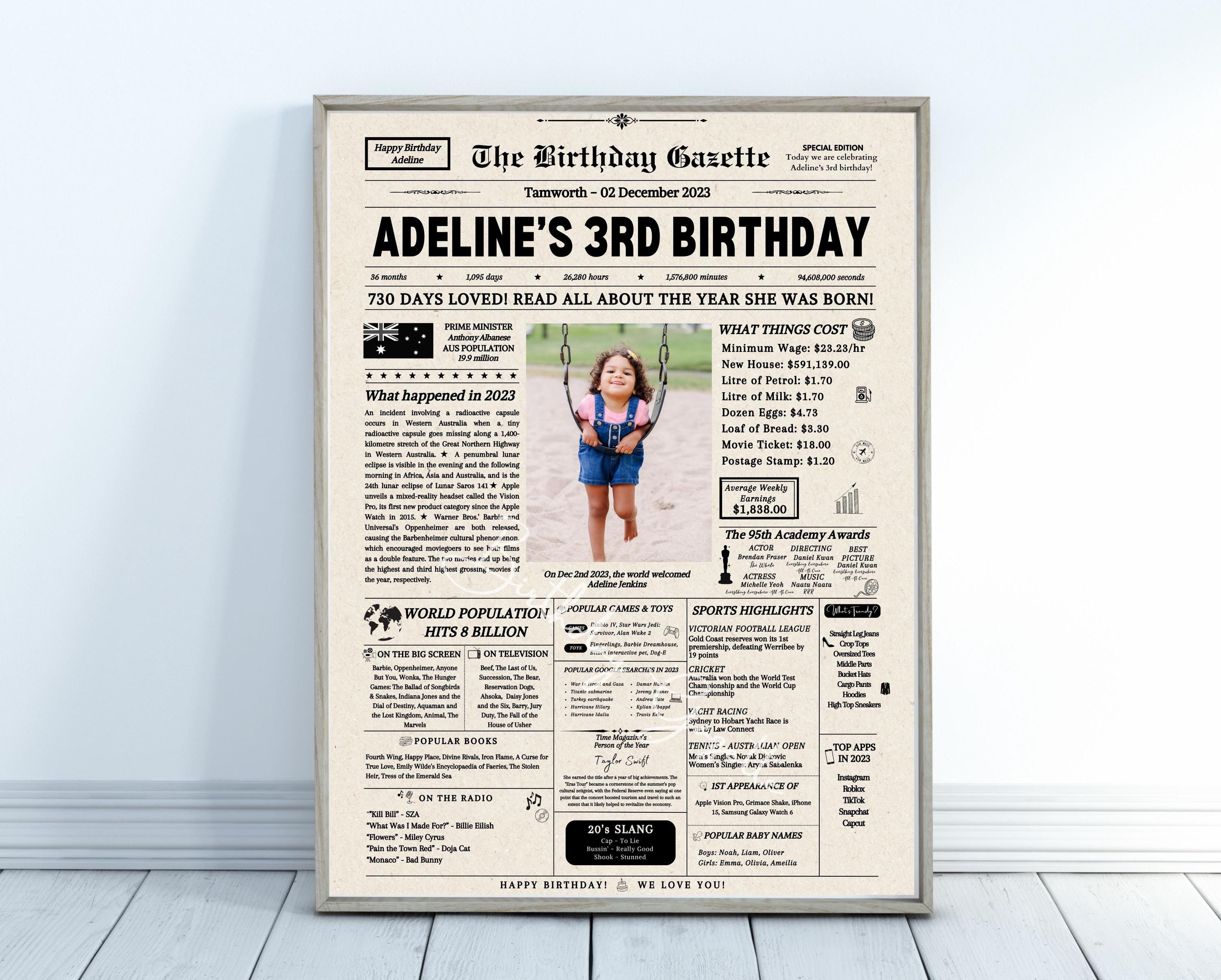 3rd Birthday Newspaper Poster Sign Australia, 3rd Birthday Gift for Son ...