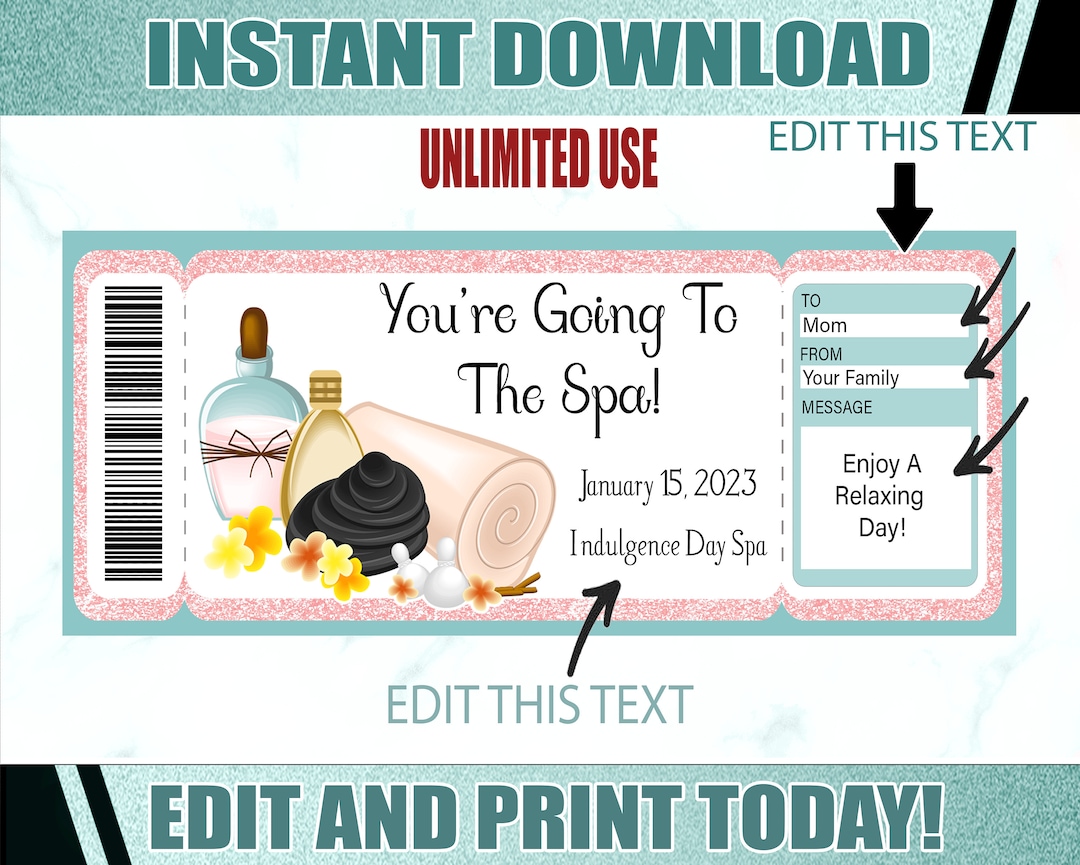 Spa Day Gift Ticket Surprise Spa Day Printable Certificate Editable Spa ...