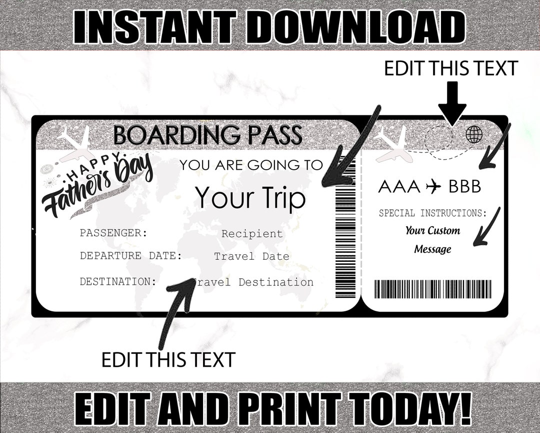 Boarding Pass Ticket Father's Day, Airplane Ticket Printable Boarding ...