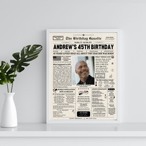45th Birthday Newspaper Poster Sign, 45th Birthday Gift for Men or ...